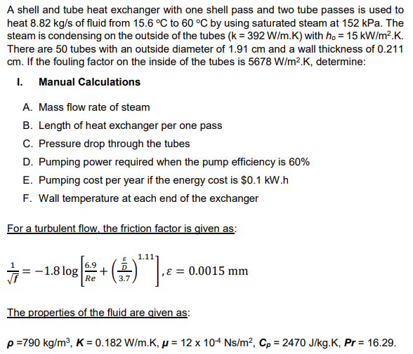 Solved A shell and tube heat exchanger with one shell pass | Chegg.com