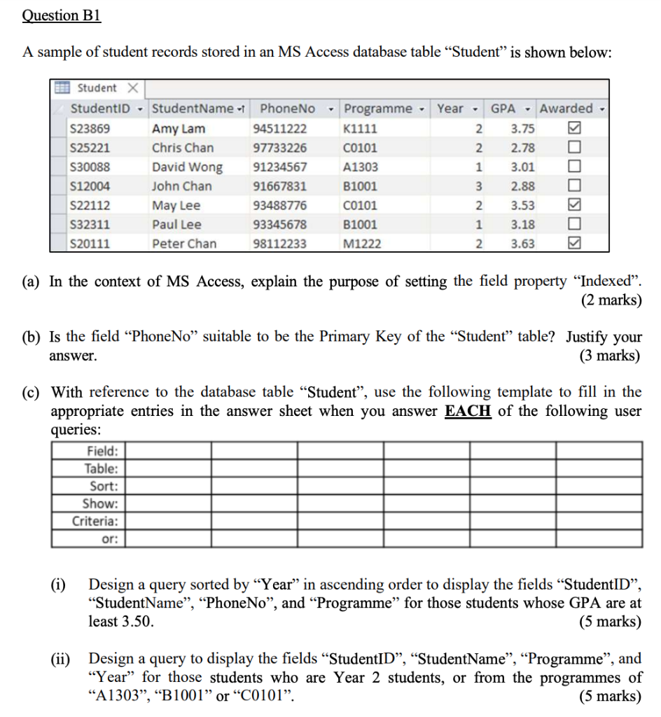 Solved Question B1 A sample of student records stored in an | Chegg.com