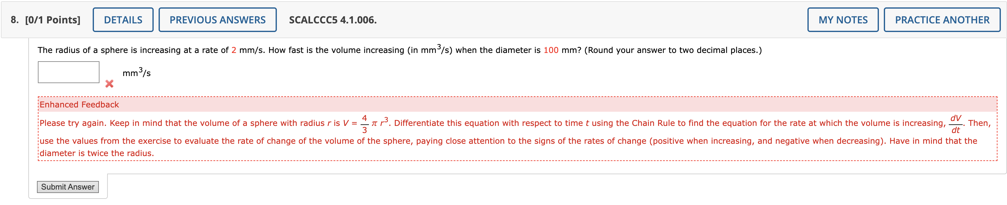 Solved SCALCCC5 4.1.006. ×mm3/s Enhanced Feedback diameter | Chegg.com