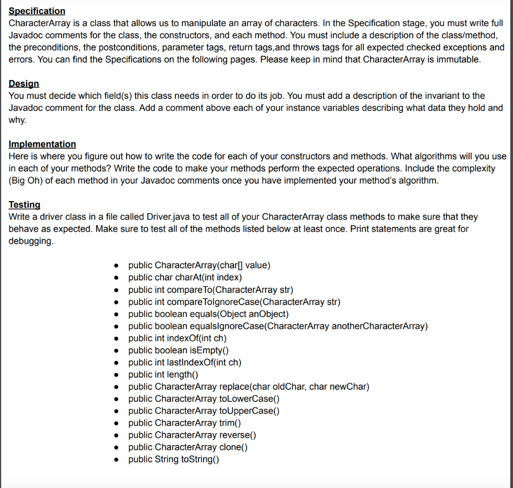 Solved Specification CharacterArray is a class that allows | Chegg.com