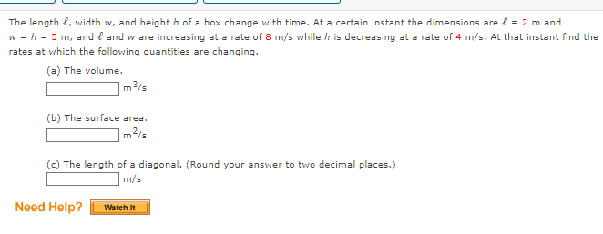 Solved The length ℓ, width w, and height h of a box change | Chegg.com