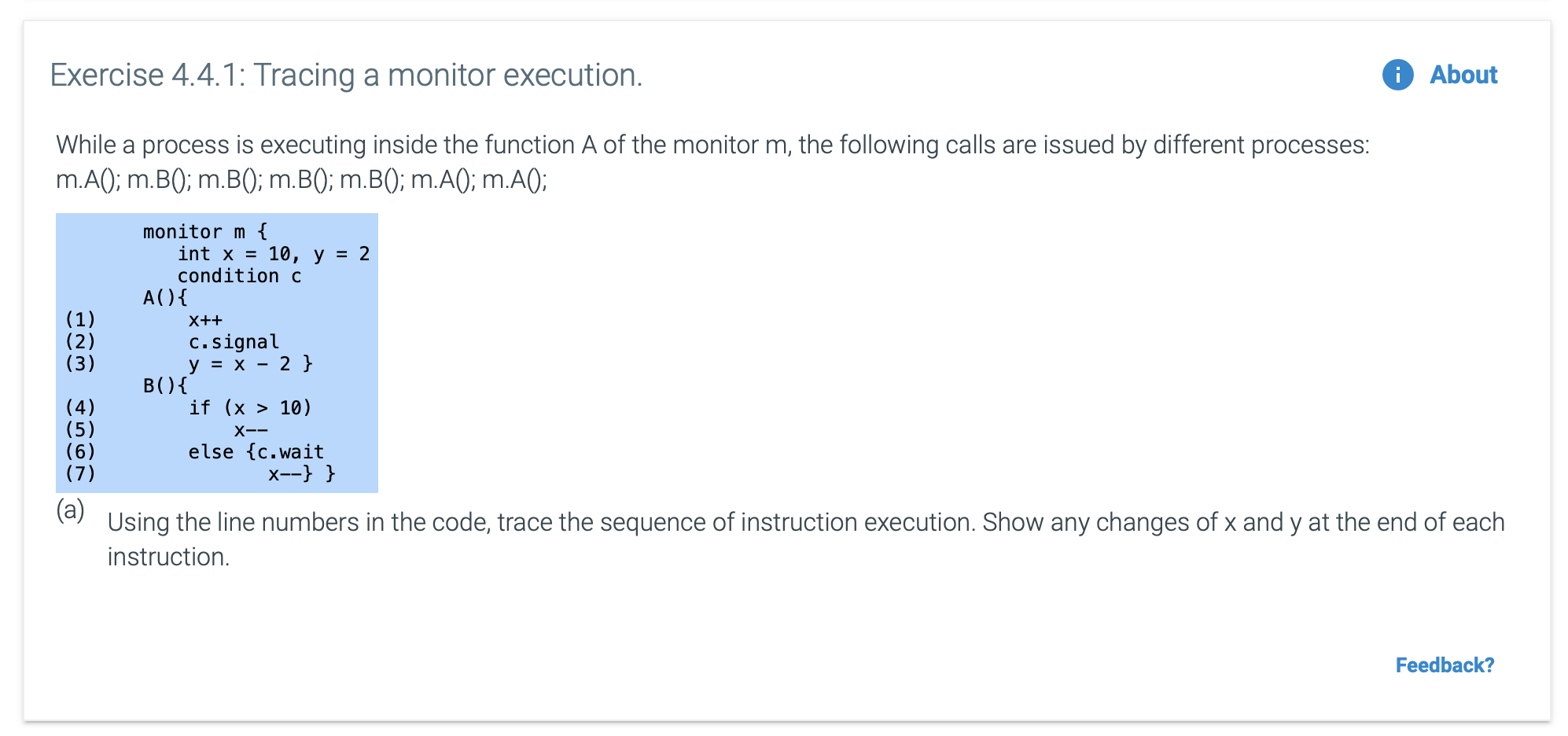 Solved Exercise 4.4.1: Tracing a monitor execution. About | Chegg.com