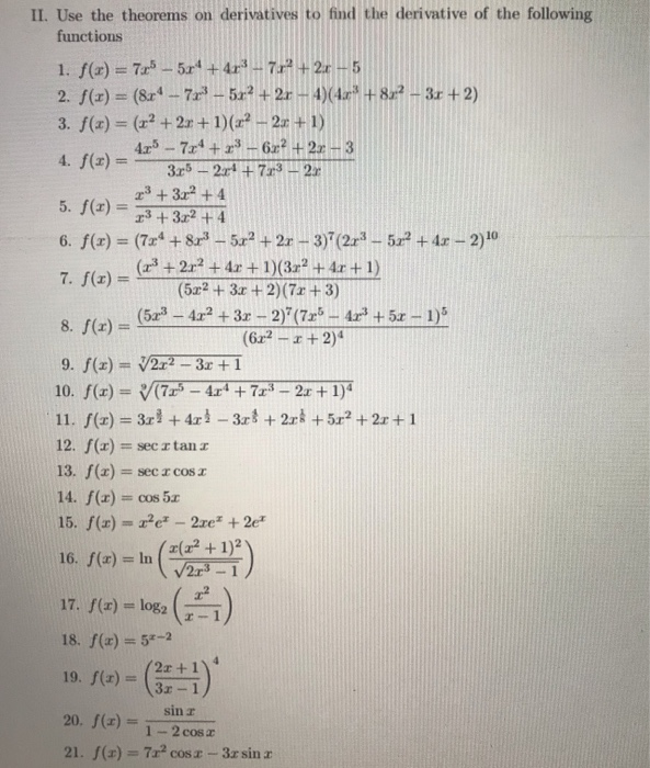 Solved II. Use the theorems on derivatives to find the | Chegg.com