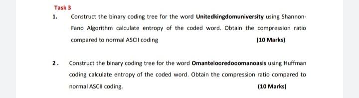 Solved Task 3 1. Construct the binary coding tree for the | Chegg.com