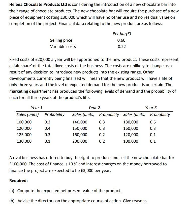 Solved Helena Chocolate Products Ltd is considering the | Chegg.com