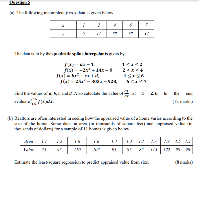 Solved Question 5 (a) The following incomplete y vs x data | Chegg.com