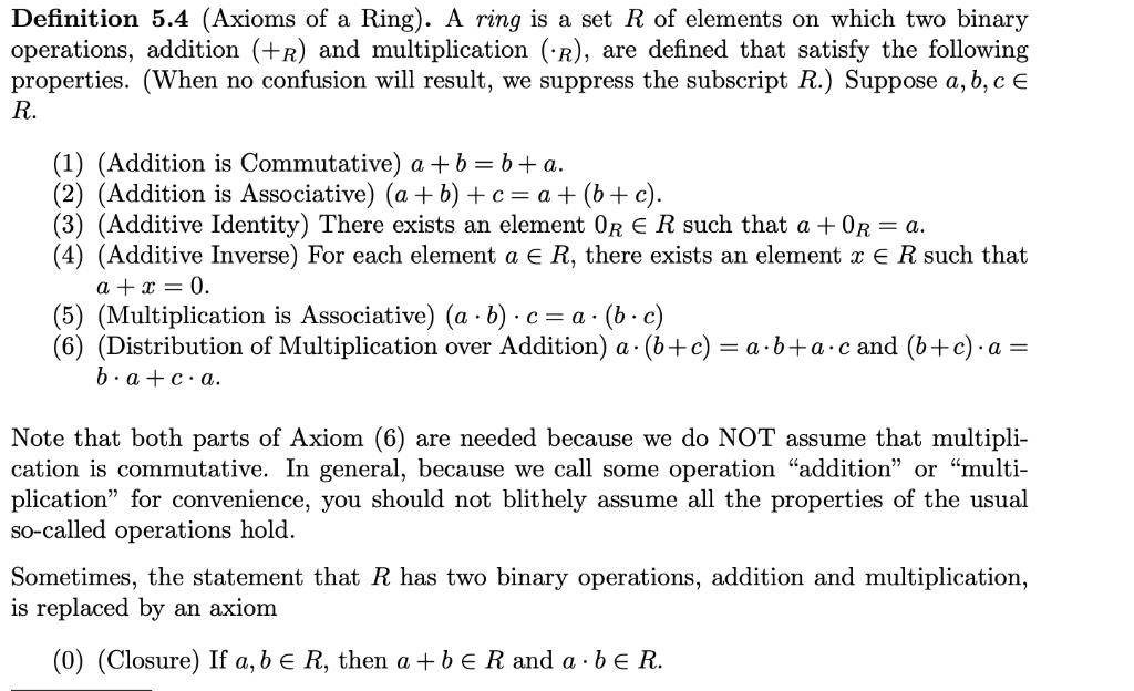 Solved Definition 5.4 (Axioms of a Ring). A γǐng is a set R | Chegg.com