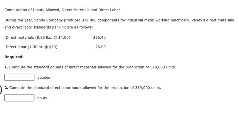 Solved Computation of Inputs Allowed, Direct Materials and | Chegg.com