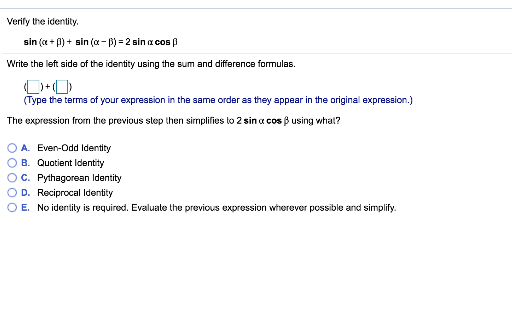 Solved Verify the identity. sin (xB) sin (a - B) = 2 sina | Chegg.com