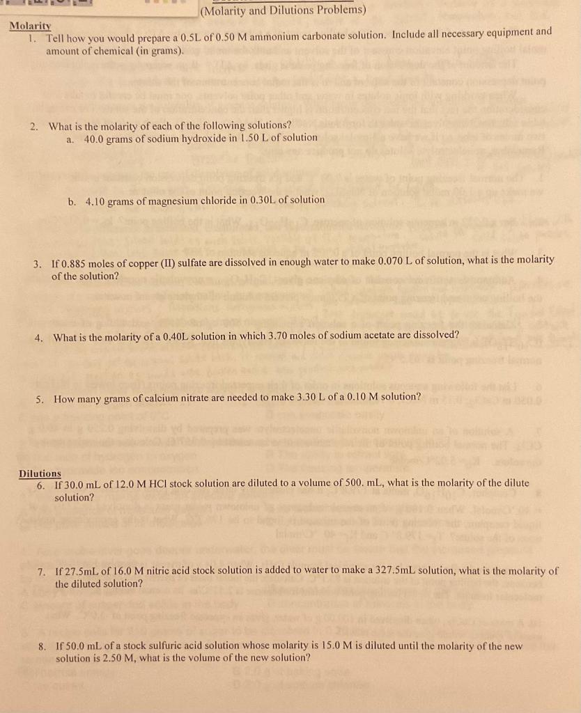 Solved (Molarity and Dilutions Problems) Molarity 1. Tell | Chegg.com