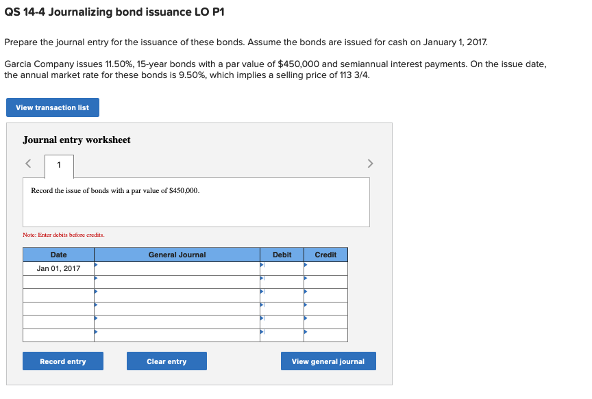 Solved QS 14-4 Journalizing bond issuance LO P1 Prepare the | Chegg.com