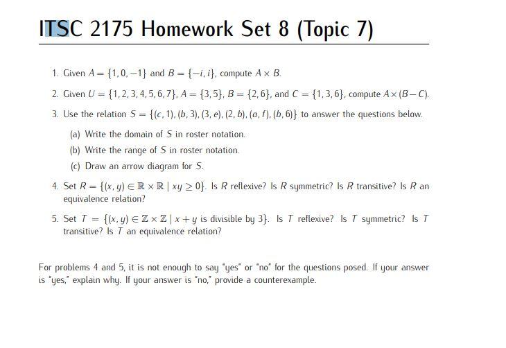 Solved ITSC 2175 Homework Set 8 (Topic 7) 1. Given A = | Chegg.com