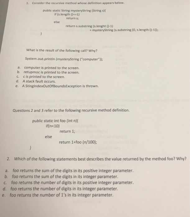 Solved 1. Consider the recursive method whose definition | Chegg.com