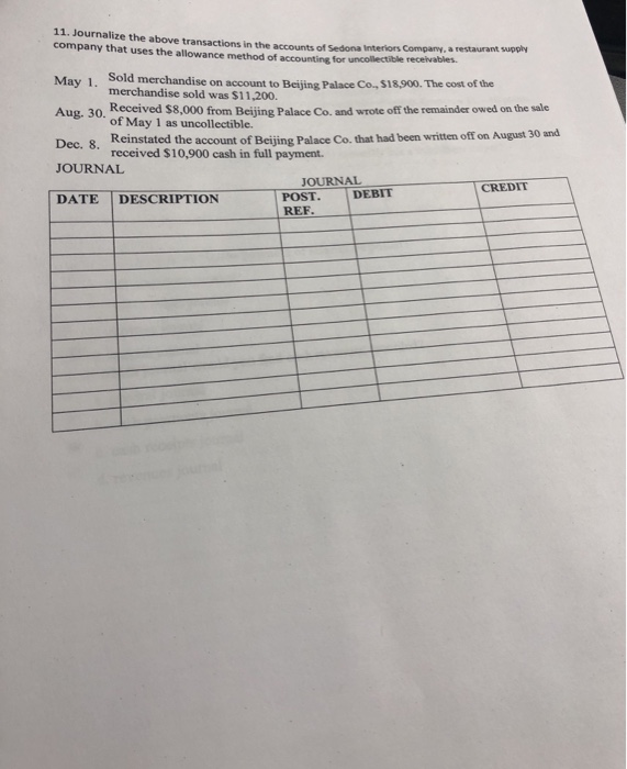 Solved 11. Journalize the above transactions in the accounts | Chegg.com