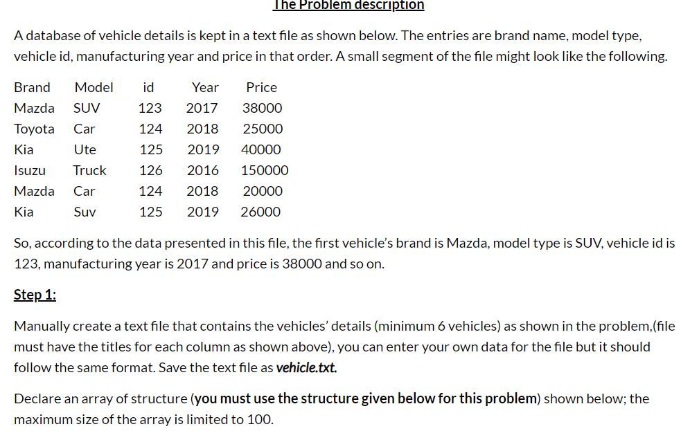 Solved The Problem description A database of vehicle details | Chegg.com