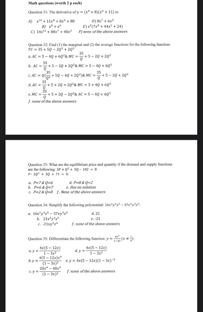 Solved Math questions (worth 2 p each) Question 31: The | Chegg.com