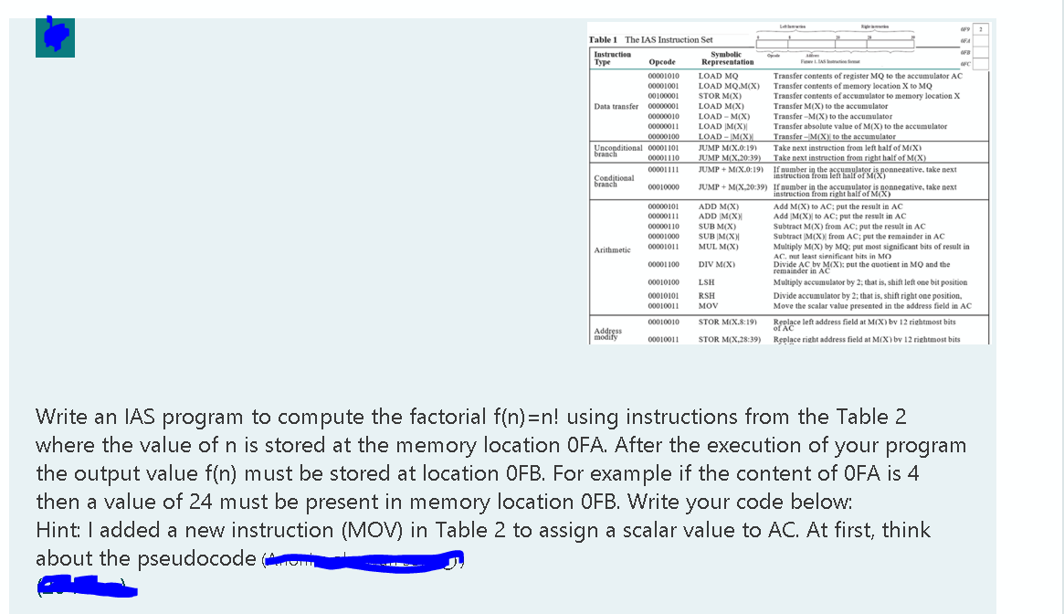 Solved Table 1 The Ias Instruction Set Fb Instruction Type 