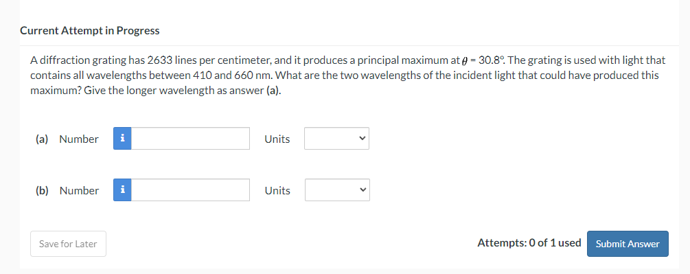 Solved A diffraction grating has 2633 lines per centimeter, | Chegg.com