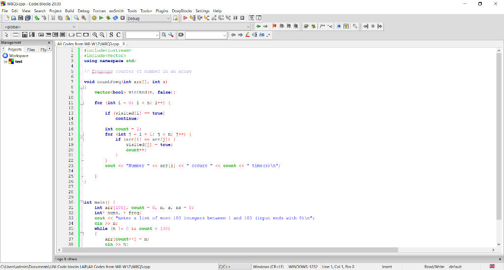 Solved W803.cpp - Code:Blocks 20.03 File Edit View Search | Chegg.com