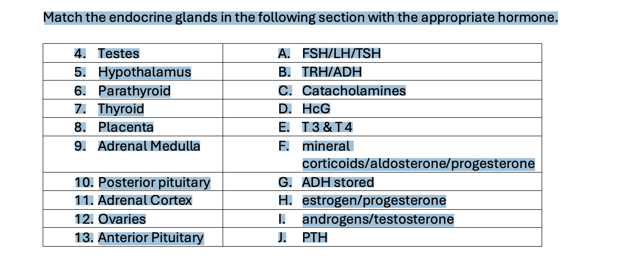 Solved Match the endocrine glands in the following section | Chegg.com