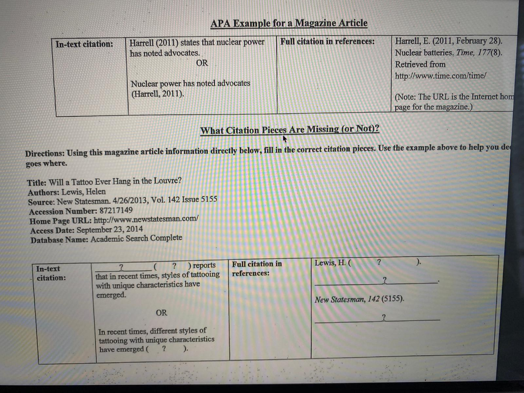 Solved APA Example for a Magazine Article In-text citation: | Chegg.com