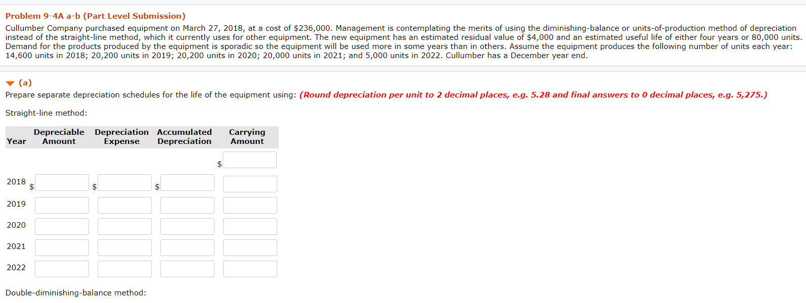 Solved Problem 9-4A a-b (Part Level Submission) Cullumber | Chegg.com