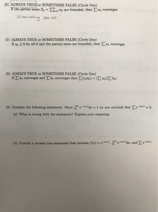Solved (6) ALWAYS TRUE or SOMETIMES FALSE (Circle One) If | Chegg.com
