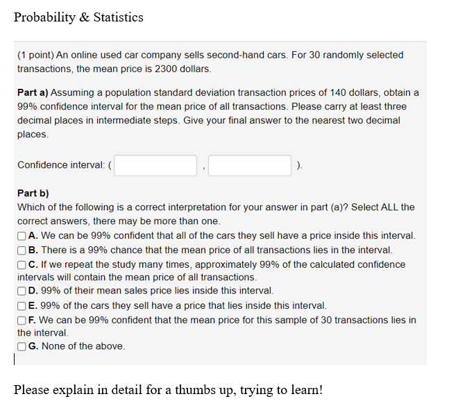 Solved Probability & Statistics (1 point) An online used car | Chegg.com