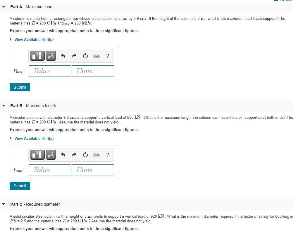 Solved Part A - Maximum load A column is made from a | Chegg.com