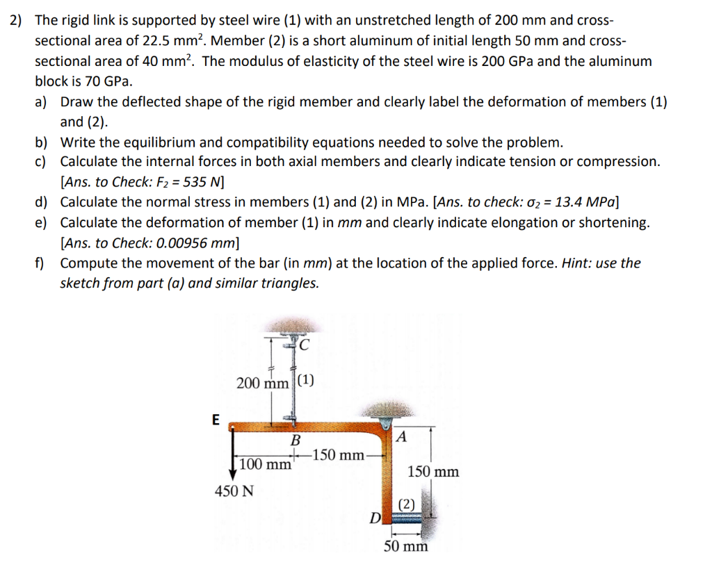 Solved 2) The rigid link is supported by steel wire (1) with | Chegg.com