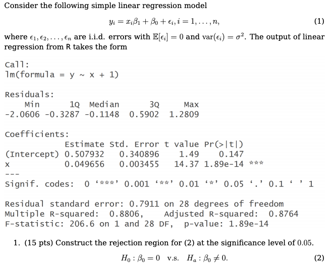 Solved (1) Consider the following simple linear regression | Chegg.com