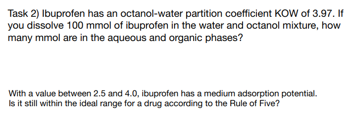 Solved Task 2) Ibuprofen has an octanol-water partition | Chegg.com