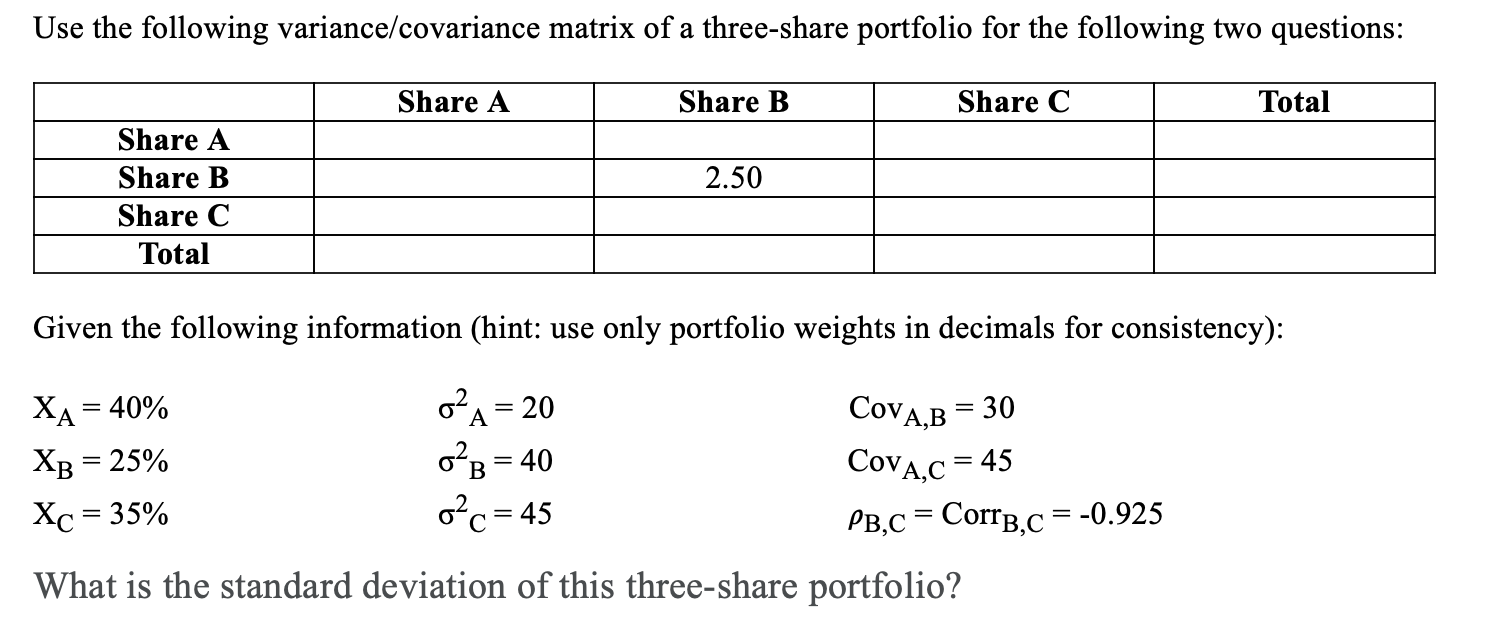 Solved Use the following variance/covariance matrix of a | Chegg.com