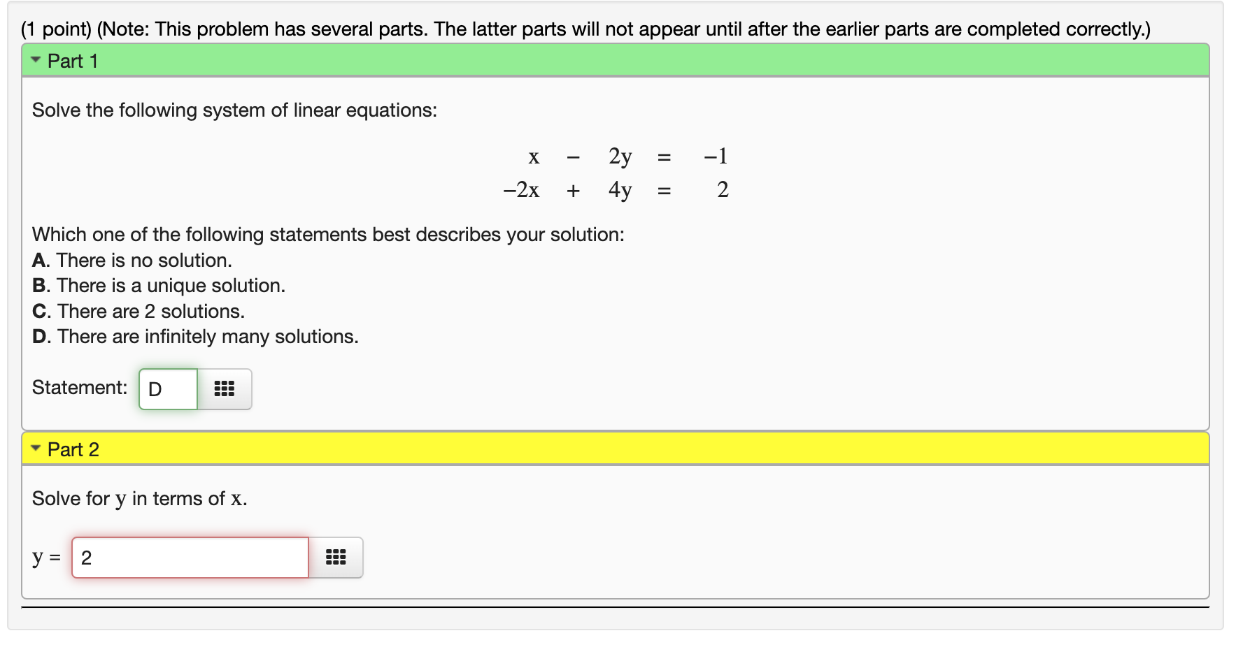 Solved (1 point) (Note: This problem has several parts. The | Chegg.com