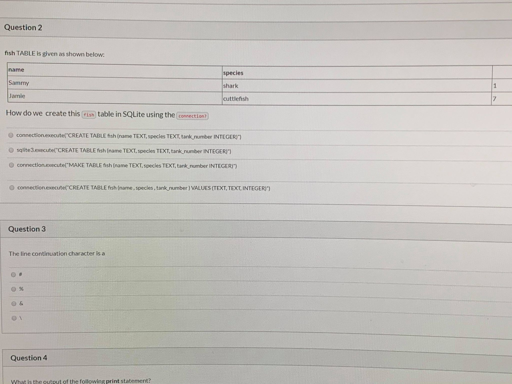 Solved Question 2 fish TABLE is given as shown below: name | Chegg.com