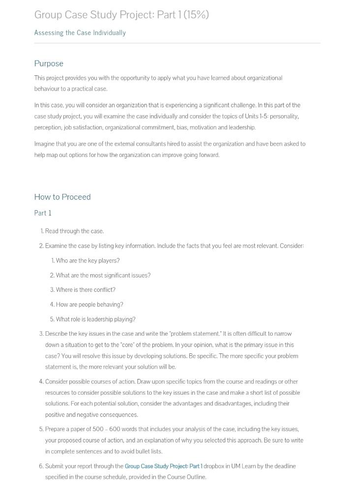 Solved Group Case Study Project: Part 1 (15%) Assessing the | Chegg.com
