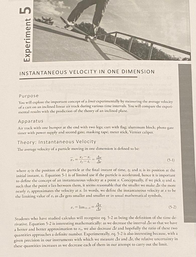 Solved 5 Experiment INSTANTANEOUS VELOCITY IN ONE DIMENSION | Chegg.com