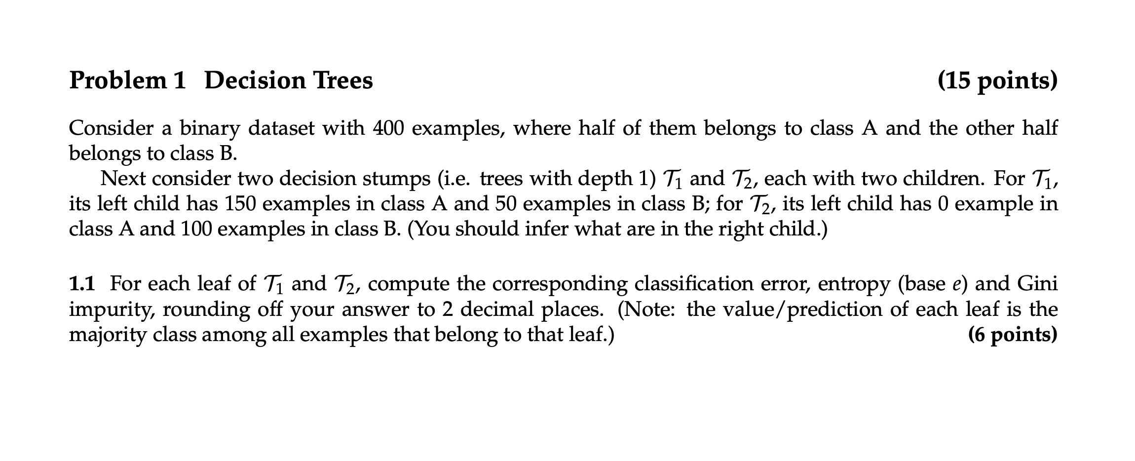 Solved Problem 1 Decision Trees (15 points) Consider a | Chegg.com