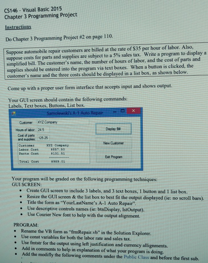 Solved CS146 - Visual Basic 2015 Chapter 3 Programming | Chegg.com