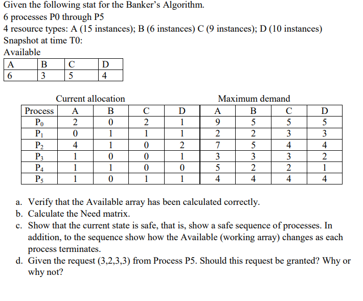 Solved Given the following stat for the Banker's Algorithm. | Chegg.com