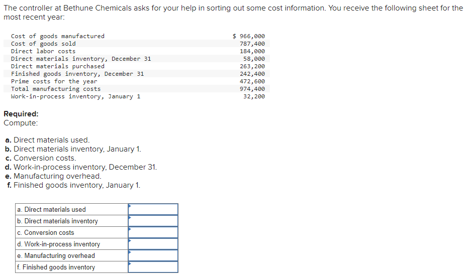 Solved The controller at Bethune Chemicals asks for your | Chegg.com