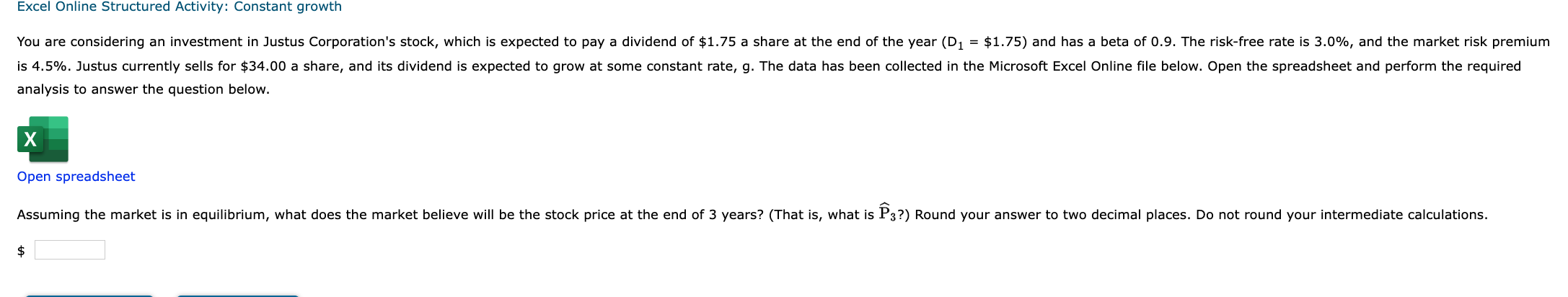 Solved Excel Online Structured Activity: Constant growth | Chegg.com