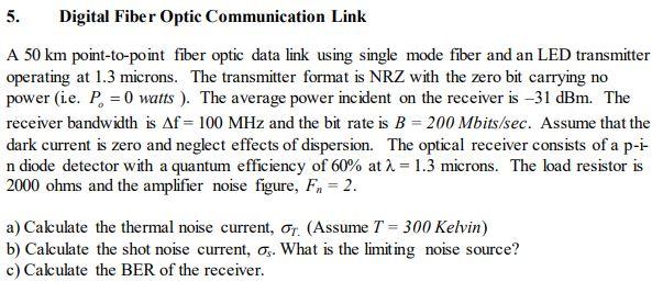 Solved 5. Digital Fiber Optic Communication Link A 50 km | Chegg.com