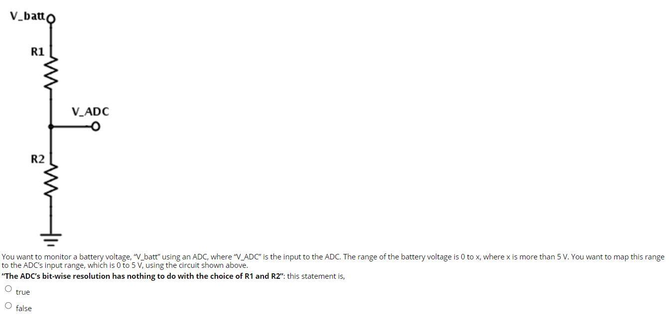 Solved V_batto R1 } V_ADC R2 You want to monitor a battery | Chegg.com