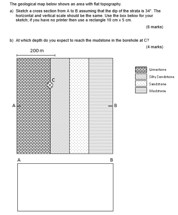Solved The geological map below shows an area with flat | Chegg.com