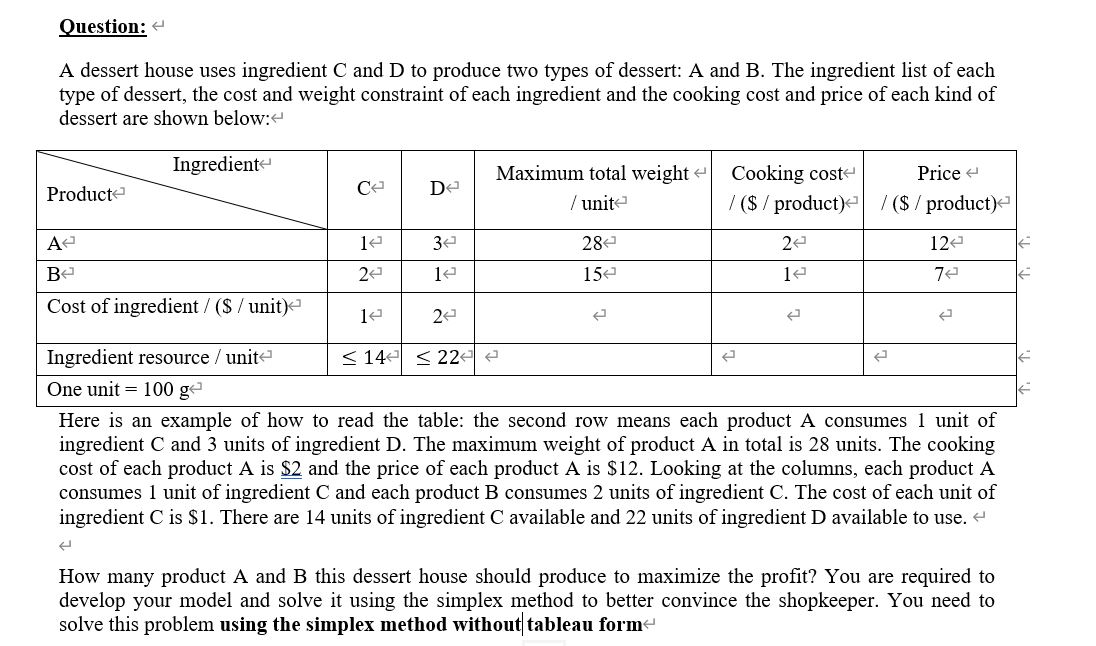 Solved Question: A dessert house uses ingredient C and D to | Chegg.com