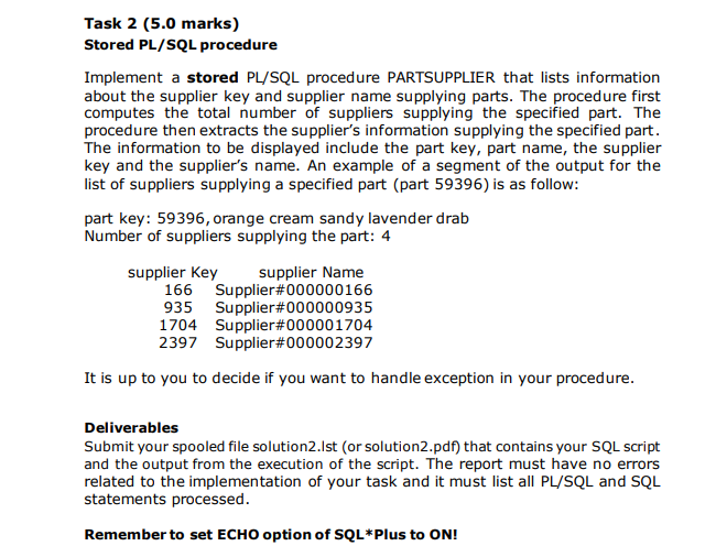 Solved Task 2 (5.0 marks) Stored PL/SQL procedure Implement | Chegg.com