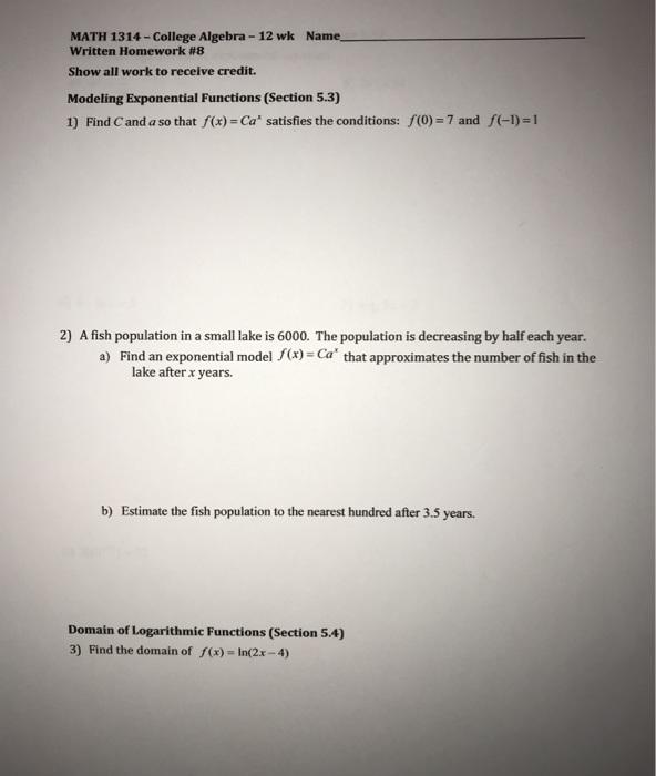 Solved MATH 1314-College Algebra - 12 wk Name Written | Chegg.com