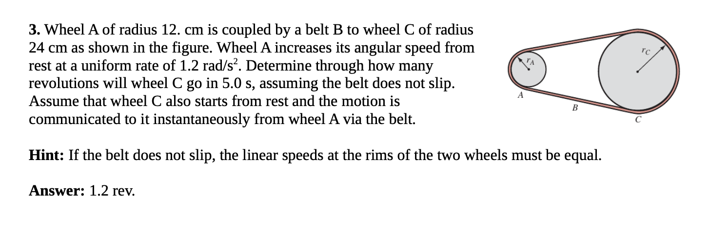 Solved 3. Wheel A of radius 12.cm is coupled by a belt B to | Chegg.com