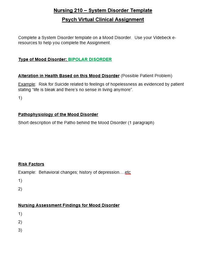 Solved Nursing 210 - System Disorder Template Psych Virtual | Chegg.com